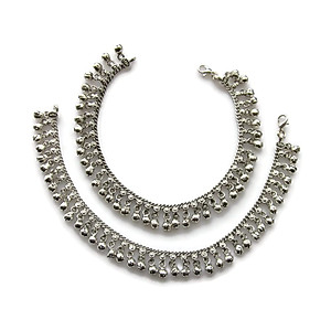 Anklet Pair Chain Bell Tassel Handcrafted | Boho Gypsy Goth Hippie Festival Vintage Style Ankle Bracelet Feet Jewelry | Womens Novelty Fashion Accessory | Indian Payal Metallic Silver Oxidized Finish