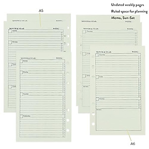 90+54+14 A5 Refill Paper with Undated Monthly Weekly Calendar Planner Inserts, A5 6 Ring Loose Leaf Paper Filler Paper Refillable Lined Paper Refill for 6 Ring Binder Planner Journal Agenda Notebook