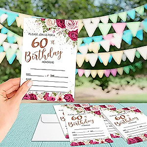 TFCIATE Rose Floral 60th Birthday Party Invitation Cards, 20 Double - Sided Fill-in Invitation with Envelopes, Blush Rose Gold 60 years old Party Favors Supplies for Adult, Women, Man - B013