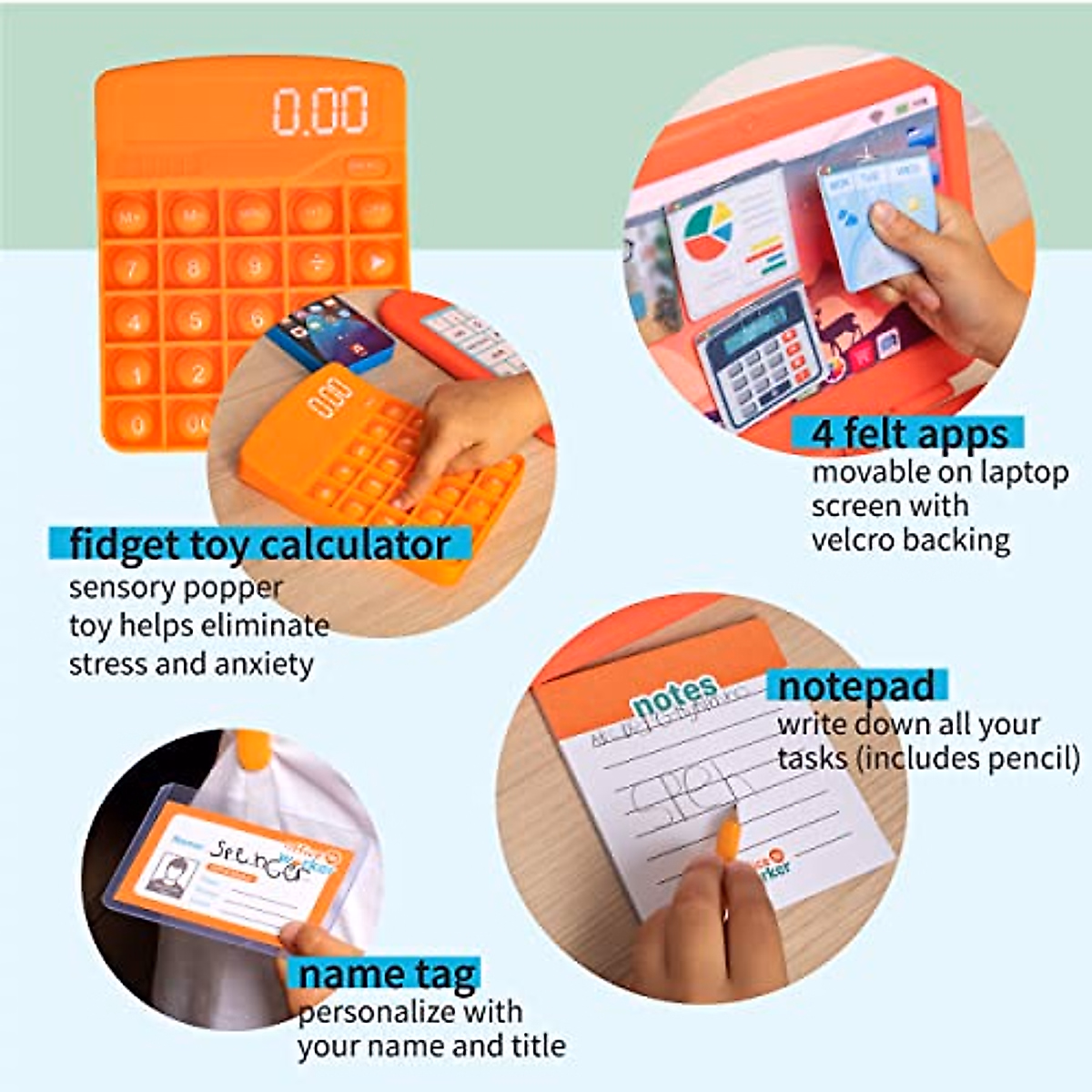 Born Toys Toddler Pretend Play Office Set - 9 pcs Kids Pretend Play Work from Home Office Includes Kids Laptop, Toy Phone w/LED Lights & Sounds, Calculator Pop It & Headset for Ages 3-7