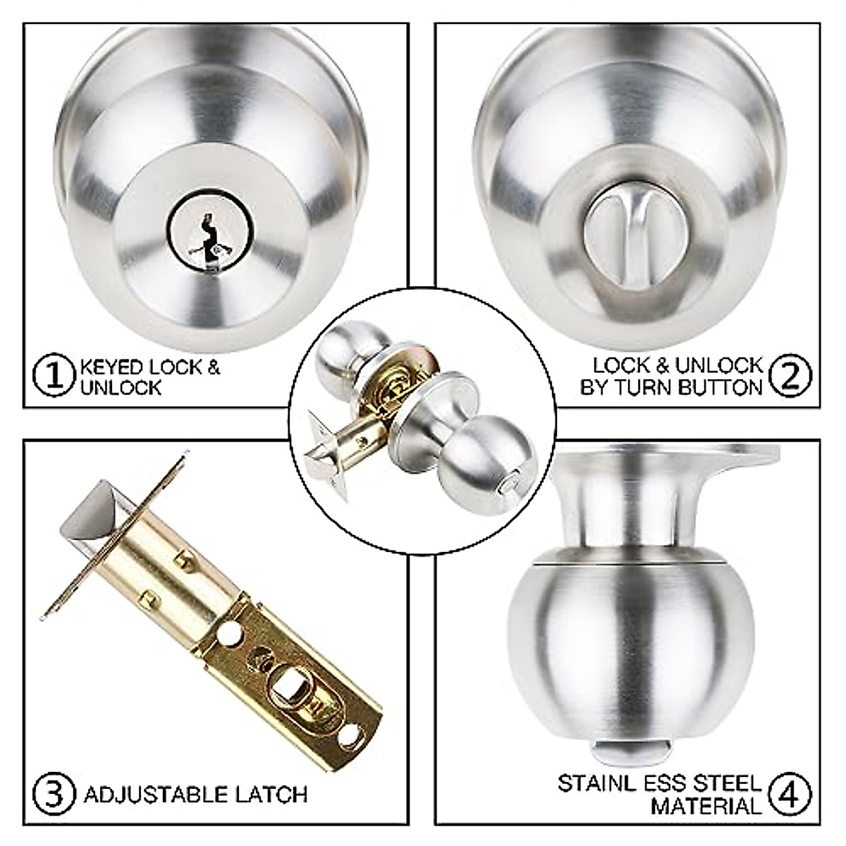GSCZ Door Knob with Key for Bedroom Door Locks with Keys, Stainless Steel Doorknob with Lock and Key, Ball Door Handle with Key Doorknob with Lock and Key