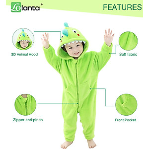 LOLANTA Boys Girls Dinosaur Costume Bodysuit Flannel Toddler One Piece Jumpsuit Kids Gifts (Green, 6-7 Years)