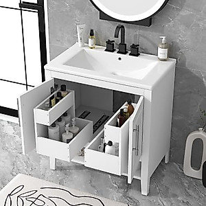 AnwickNomo 30" Bathroom Vanity with Sink Combo, Modern Multi-Functional Bathroom Cabinet with Doors and Drawers, Narrow Depth Bath Vanities,Solid Frame and MDF Board, Large Storage Space (White)