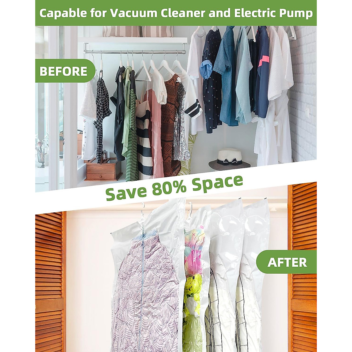 Colemoly Hanging Vacuum Storage Bags Space Saver Bags 4 Pack with 1 Electric Air Pump (49x27.6 Inches) Vacuum Seal Bags for Clothing Vacuum Bags for Travel Moving Supplies