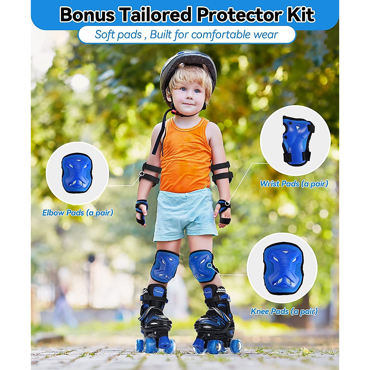 Roller Skates for Boys 4 Sizes Adjustable, Sportneer Light Up Kids Roller Skates for Age 3-5 6-12 Roller Skates with Protective Gears Illuminating Wheels Gift for Kids Toddler Beginner