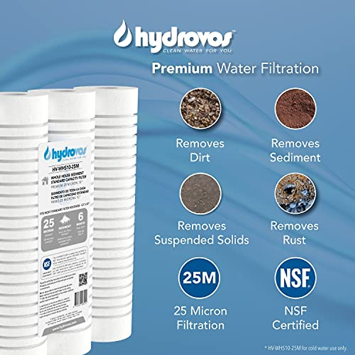 HYDROVOS 25-Micron 10" x 2.5" Whole House Water Filter, NSF 42 Certified Universal Fit 10 Inch Sediment Filter Replacement Cartridge for Standard RO Unit and Home Water Filtration Housing, 4 Packs