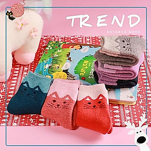 ANTSANG Kids Merino Wool Hiking Socks Toddlers Boys Girls Winter Warm Thick Thermal Crew Boot Heavy Cozy Snow Cabin Gift Snowboarding Socks 6 Pairs for Child(Cat,4-7Y)