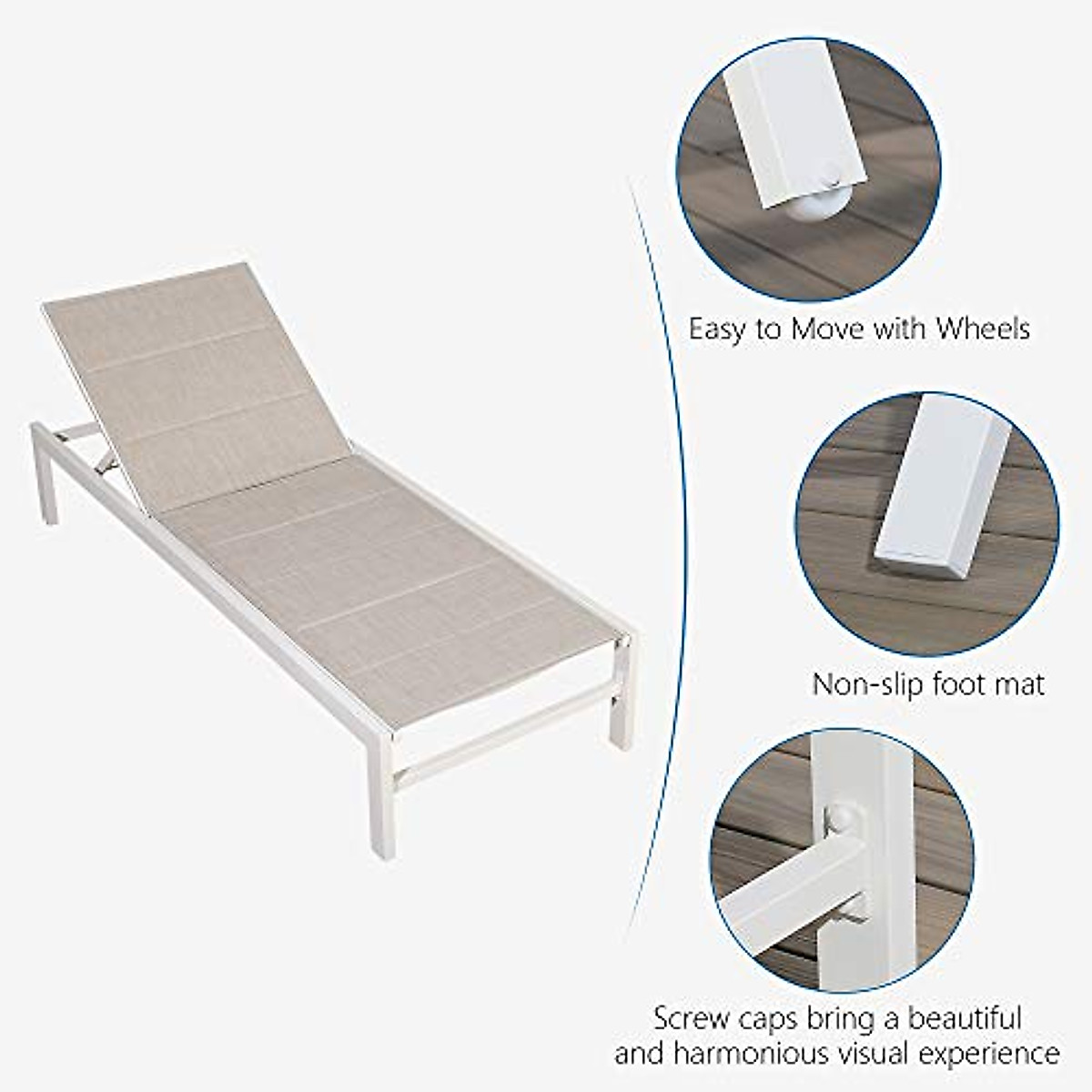 Iwicker 2 PCS Patio Aluminum Chaise Lounges Outdoor Weather-Resistant Textilene Quick Dry Foam Padded Lounge Chairs with Adjustable Backrest and Wheels, Beige
