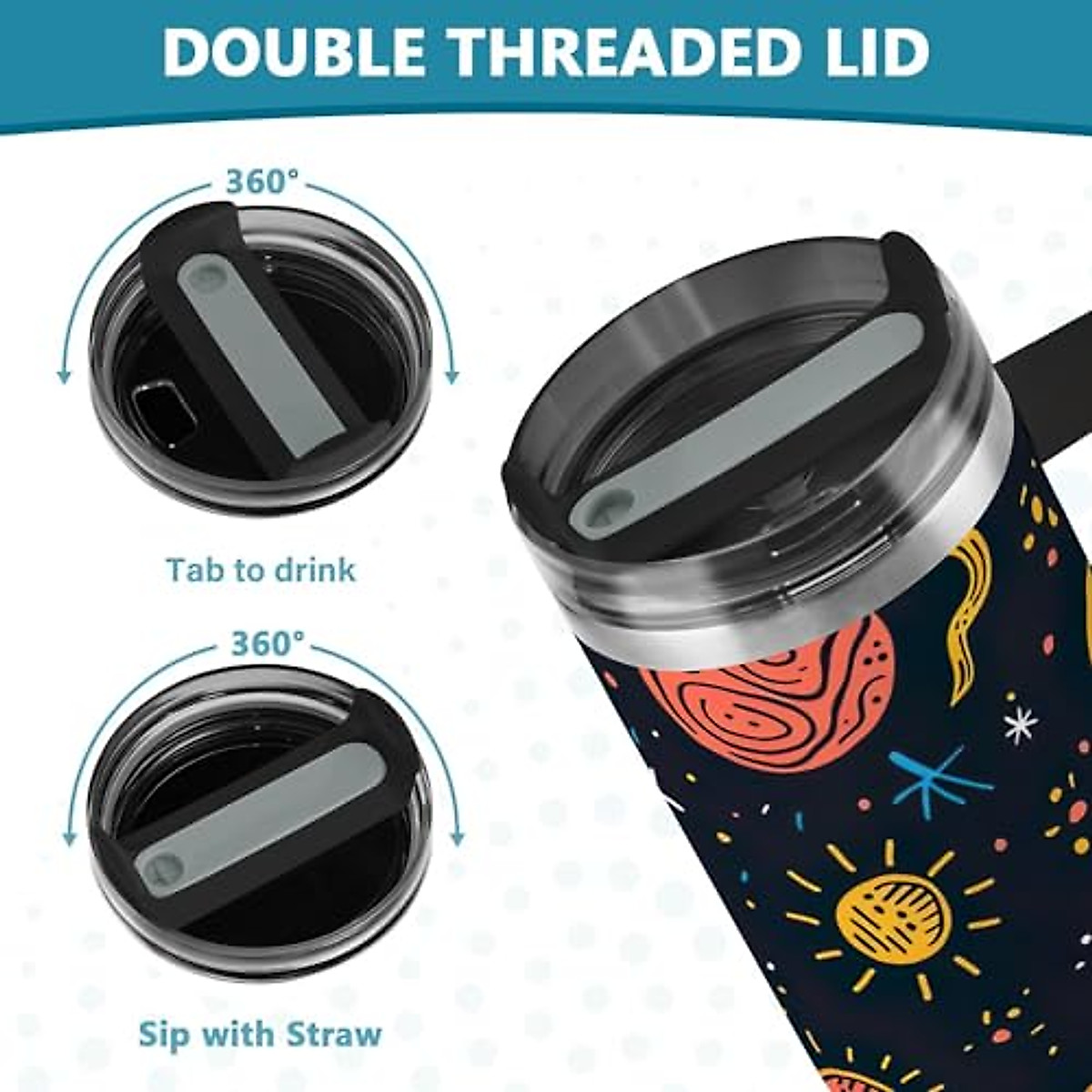 FRCSDIY Cartoon Planet Insulated Tumbler with Handle and Straw Lid,30oz Leakproof Stainless Steel Cup BPA-Free Water Bottle