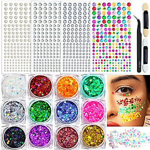 Hair Face Gems Jewels Stick on & Face Body Glitter Gel 12 Colors for Body Hair Face Eyes & Tweezers, Self Adhesive Hair Face Rhinestones & Glitter Gel for Festival Carnival Music Rave Party Makeup