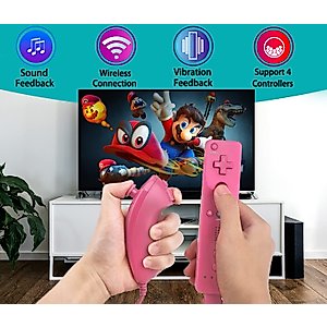 PGYFDAL 2 Pack Remote Controller and Nunchuck Joystick for wii Console, Gamepad with Silicone Case and Wrist Strap (Pink and Dark Blue)