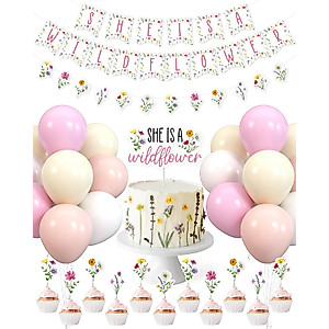 Sinasasspel Wildflower Baby Shower Decorations She Is A Wildflower 1st Birthday Party Banner Cake Cupcake Toppers Summer Flowers Daisy Lavender Leaves Baby Girl Shower Party Decor Supplies