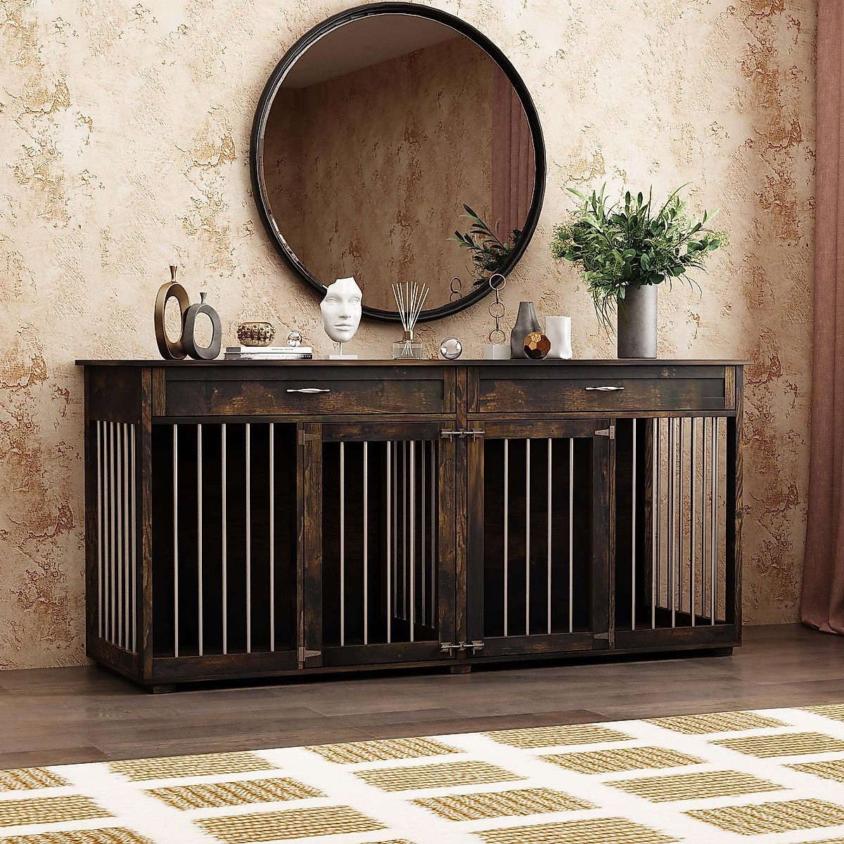 DAWNSPACES Dog Crate Furniture for Large Medium Dogs, 72" Heavy Duty Indoor Wooden Double Rooms Dog Kennel Table with Drawers & Divider, Funiture Style Dog Cage House TV Stand, Rustic Brown