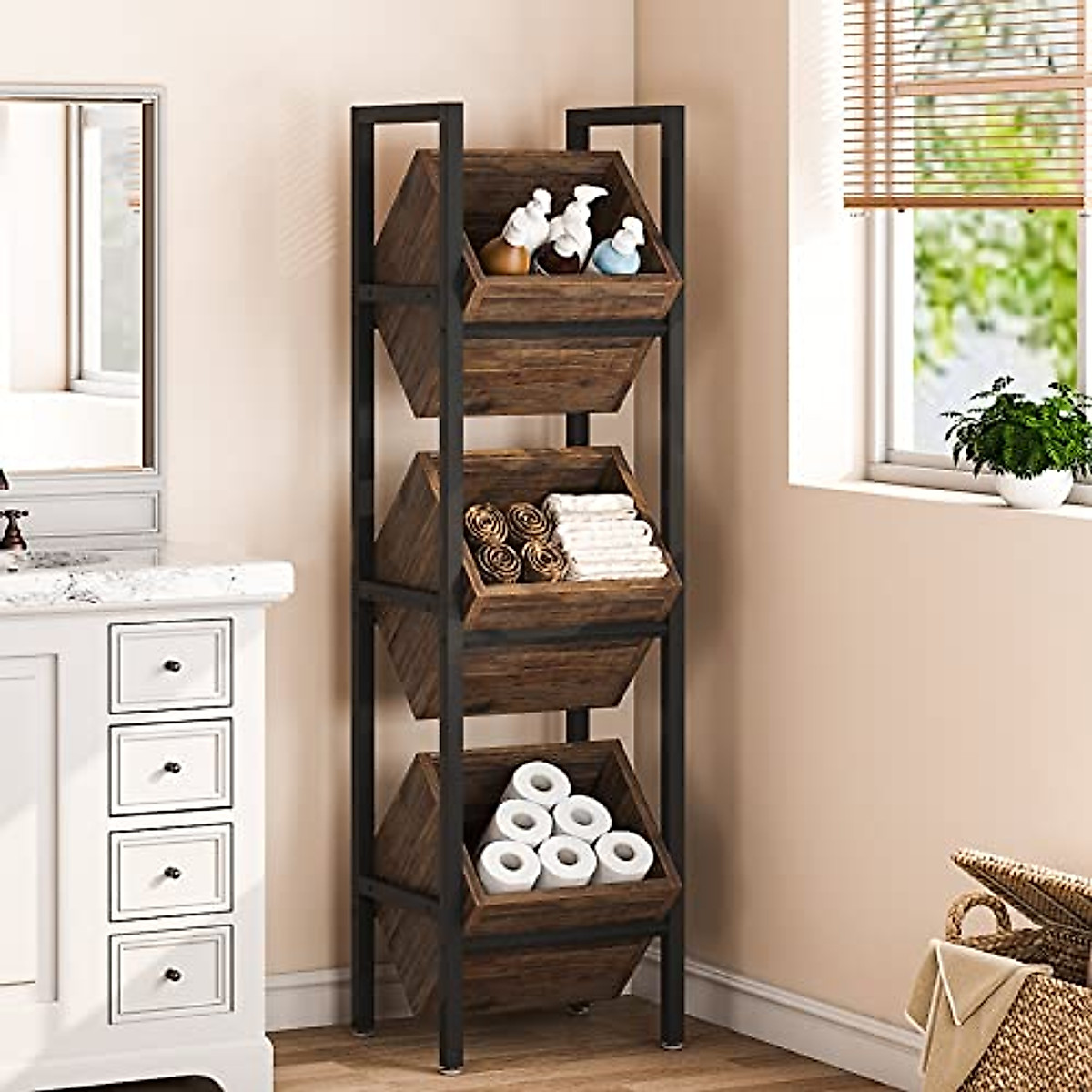 Tribesigns Basket Stand, 3 Tier Wood Shelving Unit with Baskets, Rustic Vertical Standing Basket Storage Tower for Kitchen Bathroom Living Room