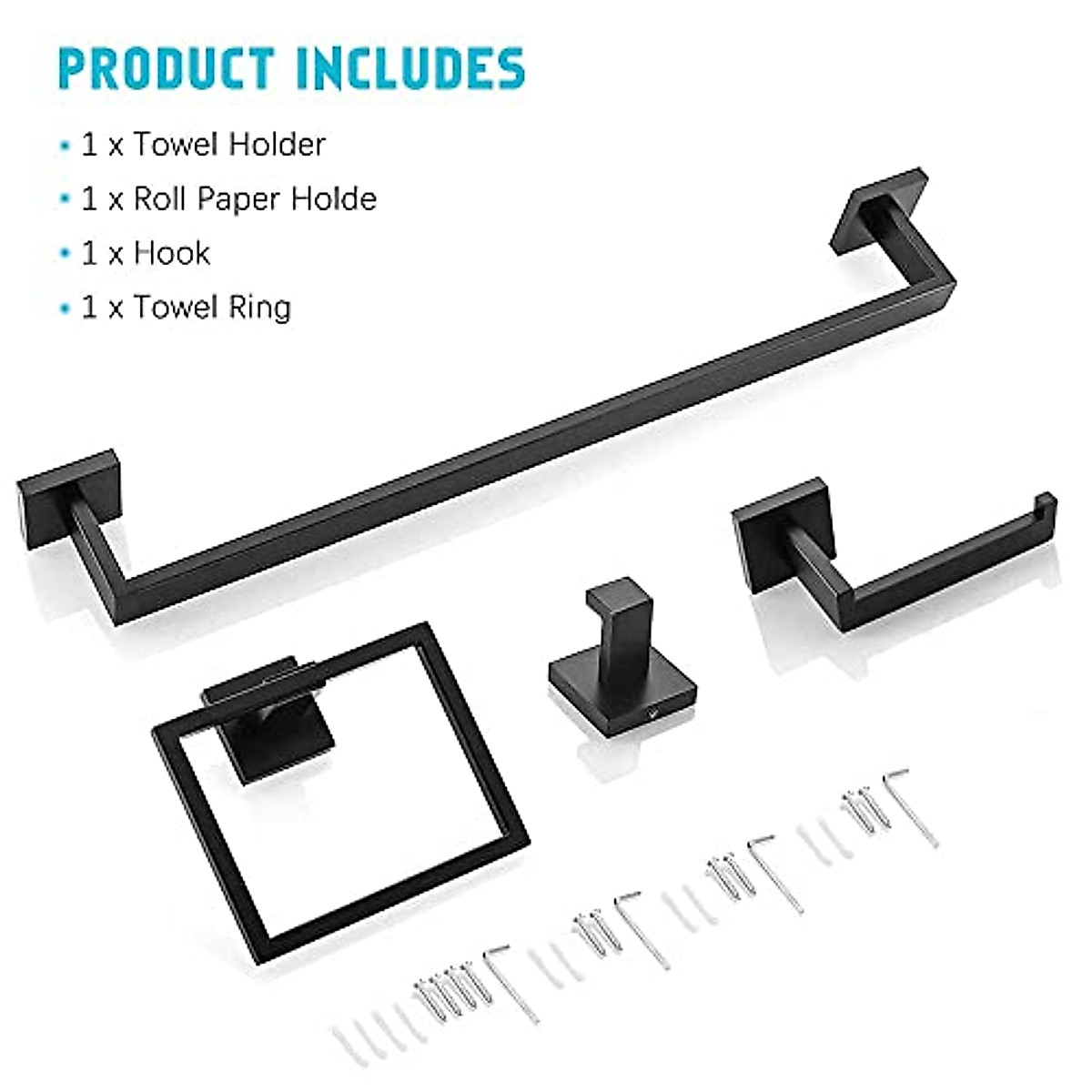 4-Piece Bathroom Hardware Accessories Set, Towel Bar Sets Include Towel Bar Towel Holder Toilet Paper Holder Towel Hook,16 inch Bath Accessories Kit，Matte Black