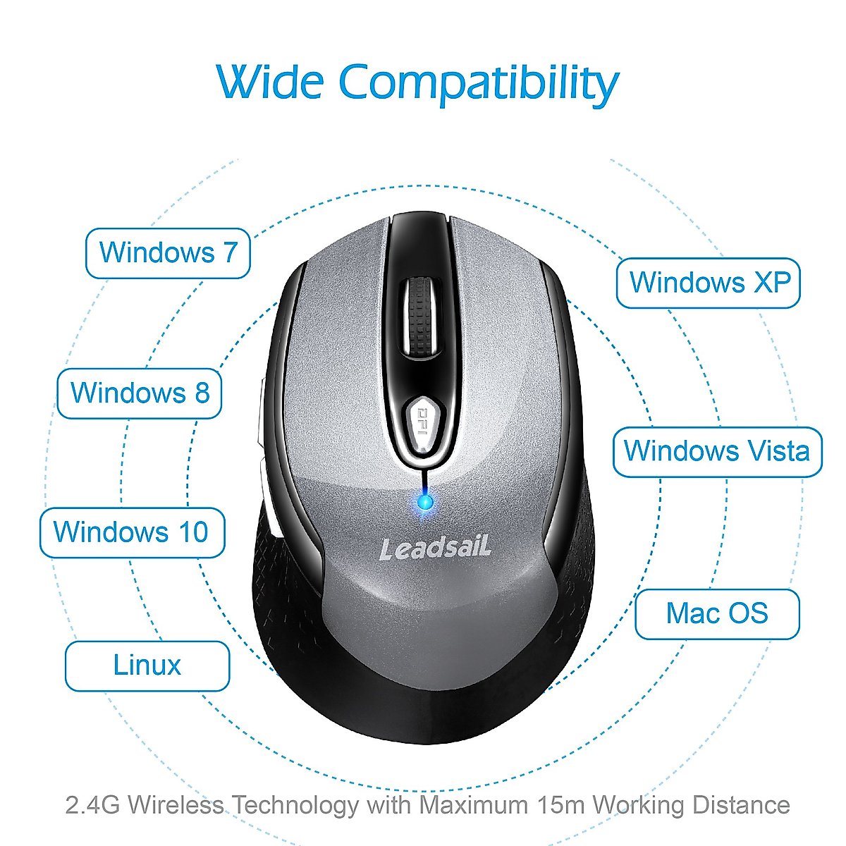 LeadsaiL Wireless Computer Mouse, 2.4G Portable Slim Cordless Mouse Less Noise for Laptop Optical Mouse with 6 Buttons, USB Mouse for Laptop, Deskbtop, MacBook (Grey)