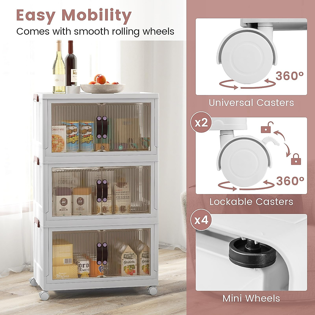 Giantex 3-tier Collapsible Storage Bins with Wheels and Lid, 60 Gal Stackable Storage Boxes Organizers, Front and Top Open, Foldable Plastic Containers for Kitchen Office Dorm (25.5" x 16" x 43.5")