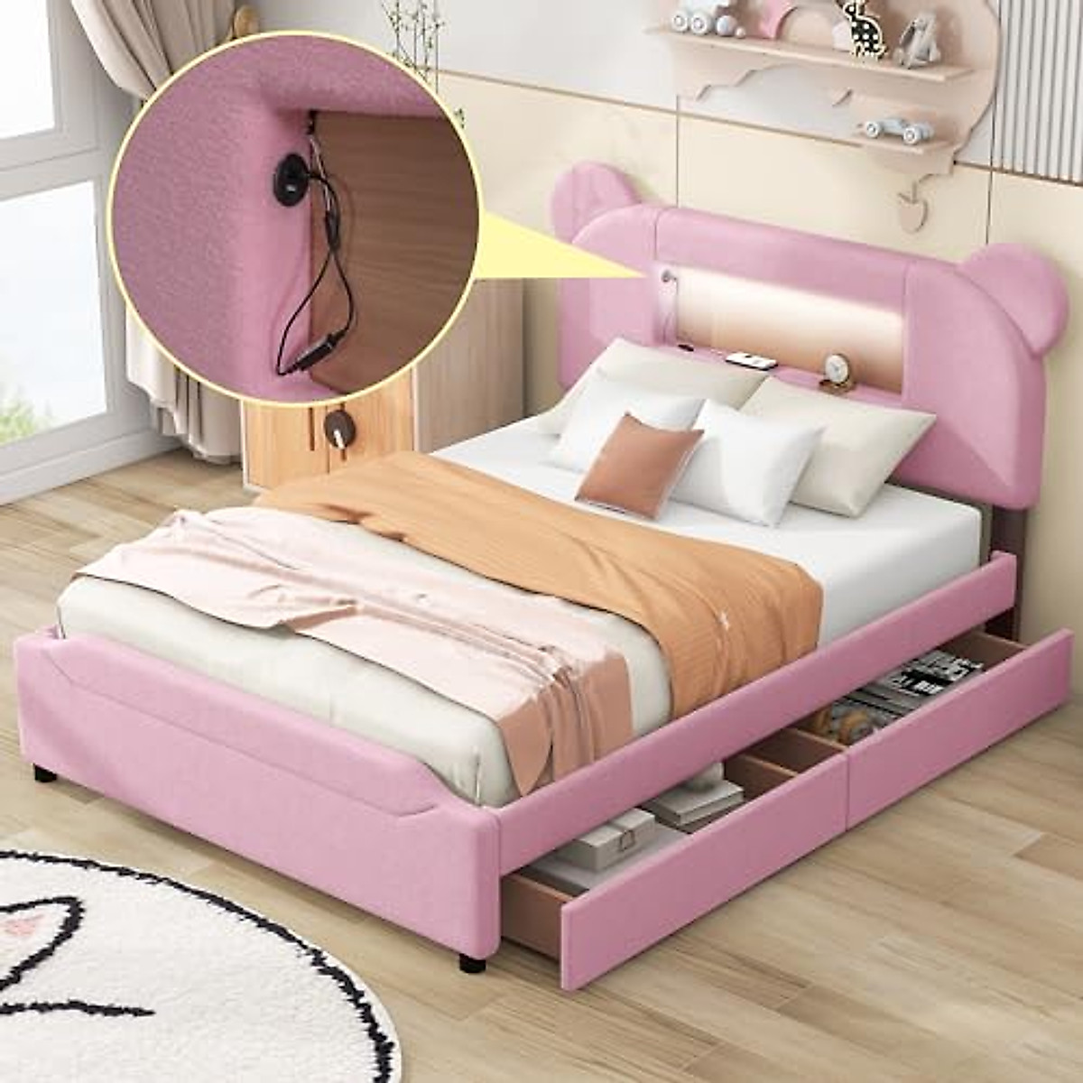 BOVZA Full Size Upholstered Storage Platform Bed Frame with Cartoon Ears Shaped Headboard, 2 Drawers, LED and USB, Pink