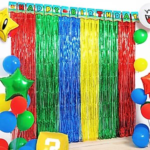 Super Bros Birthday Party Decoration, 2 Pack Red Green Blue Yellow 3.3 x 6.6ft Foil Fringe Curtains Tinsel Photo Booth Props Streamers Backdrop for Video Game Mario Theme Birthday Party Supplies