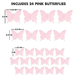 Cute Pink Butterfly Wall Decor 24 pcs, Girls Room Wall Decals, Danish Pastel Aesthetic Butterflies Stickers for Nursery Decorations, Baby Toddler Room Decor for Girls