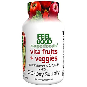 FeelGood Superfoods Vita Fruits and Veggies Dietary Supplement Capsules Made from 25 Superfood Ingredients, Fruit and Vegetable Multivitamin, 60 Count