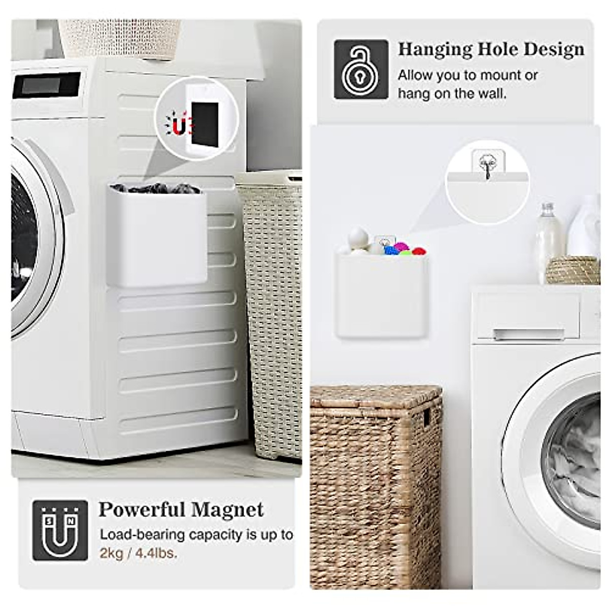 MoKo Magnetic Lint Bin for Laundry Room, Bathroom Washer Saving Container Hanging Widen Storage Holder Orgainzer Basket Wall Mount Trash Can for Detergent Pods Dryer Softener Balls Dryer Sheet, White