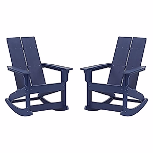 Flash Furniture Finn Modern Poly Resin Wood Adirondack Rocking Chair Dual Slat Back-Stainless Steel Hardware, 2 Pack, Navy