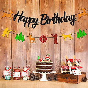 Ohiviaaa Deer Hunting Banner Gone Hunting Hunter Camping Themed for Kids Boy Girl Men Happy Birthday Party Supplies Black Glitter Decorations