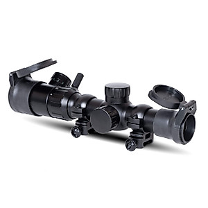 Monstrum 1-4x20 Rifle Scope with Rangefinder Reticle and Medium Profile Scope Rings | Monstrum Flip Up Lens Cover Set | Bundle