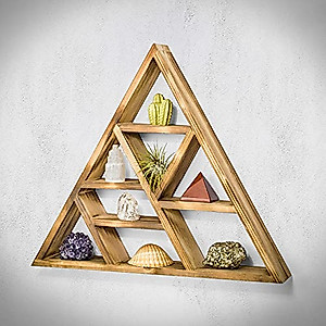 Triangle Crystals and Healing Stones Display Floating Shelf, Large 17" Rustic Wood Wall Shelf or Tabletop Home Decor for Bedroom, Bathroom, Living Room, Office, Meditation, Altar, Storage Shelf