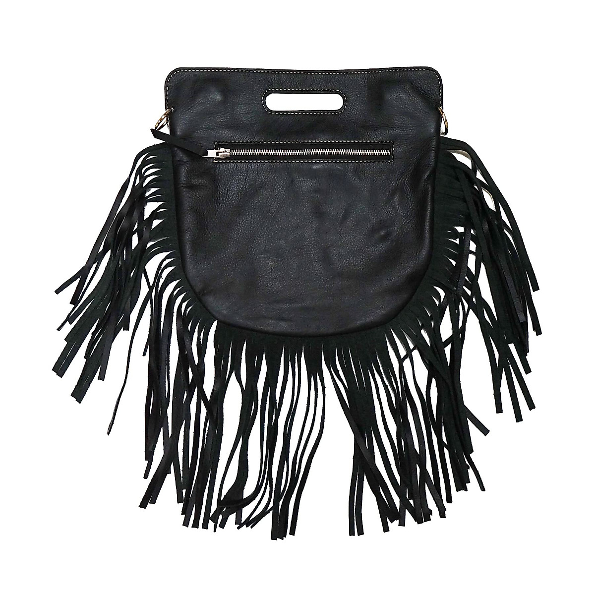 bonanza leathers women's cowhide handbag crossbody shoulder leather bag with fringes button closure H8 (Black)