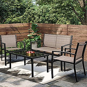 Greesum 4 Pieces Patio Furniture Set, Outdoor Conversation Sets for Patio, Lawn, Garden, Poolside with A Glass Coffee Table, Brown