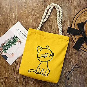 Zipper Canvas Tote Bag with Inner Pocket, Portable and Ecofriendly, Cat-yellow, 14.6" x 13.6" x 2?