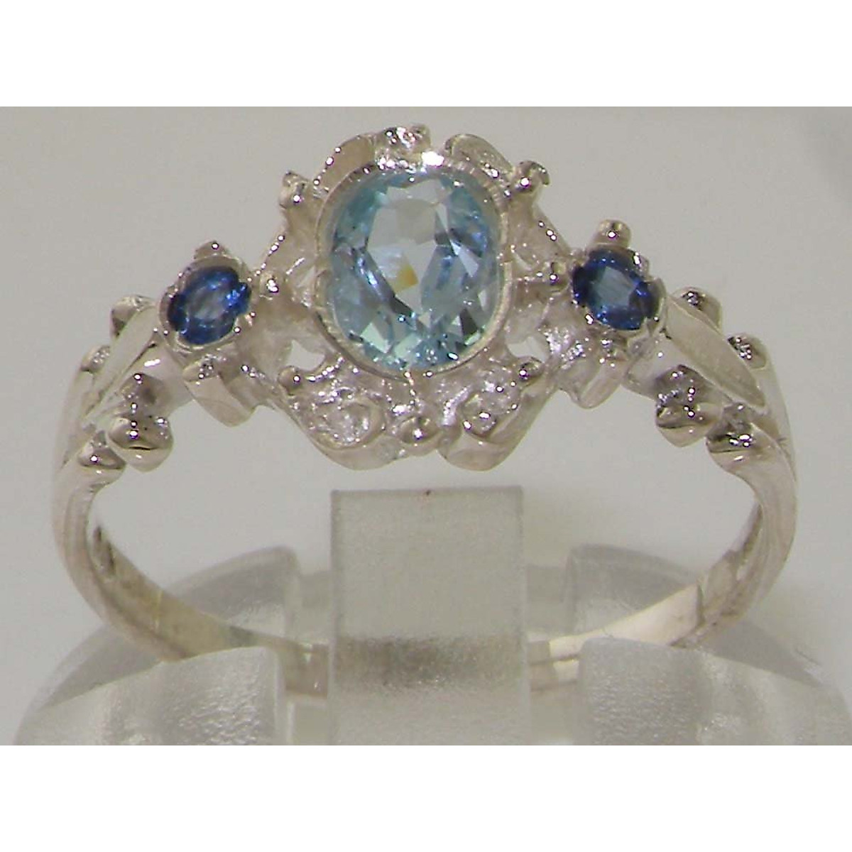 LetsBuyGold 925 Sterling Silver Natural Aquamarine and Sapphire Womens Promise Ring - Size 7.5