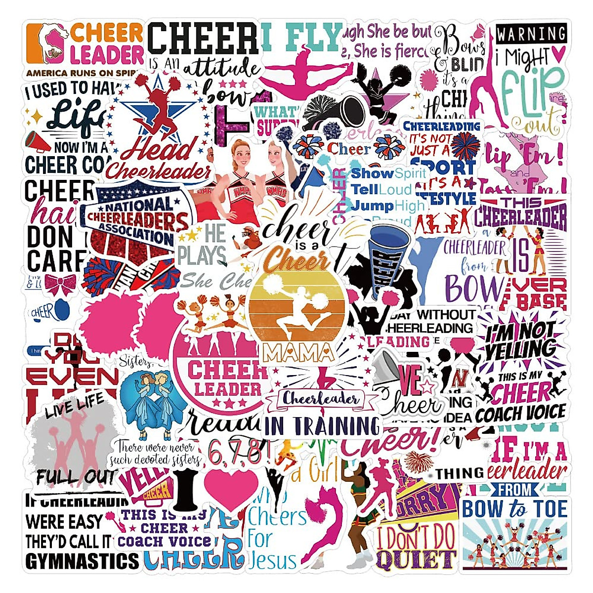 Cheer Stickers | 50pcs Waterproof Cheerleading Stickers, Cheer Vinyl Decal for Water Bottle Laptop Megaphone Bike Scrapbooking, Bulk Cheerleading Gifts for Cheerleaders Teens Boys and Girls