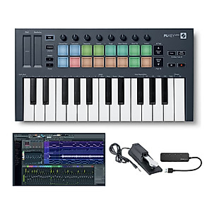 Novation FLkey Mini 25-Key MIDI Keyboard Controller Bundle for FL Studio with 20 Producer Edition (Boxed), Keyboard Piano Style Sustain Pedal (Black) and 4-Port USB 3.0 Hub (4 Items)