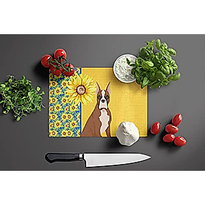 Caroline's Treasures WDK5344LCB Summer Sunflowers Red Fawn Boxer Glass Cutting Board Large Decorative Tempered Glass Kitchen Cutting and Serving Board Large Size Chopping Board