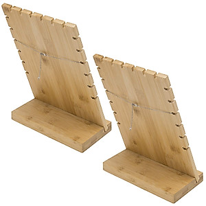MyGift 2-Pack Bamboo Jewelry Display Stands with PU Panel & Multi-Rung Design – Detachable Bases, Non-Scratch Surface | Portable Necklace Holder for Home, Boutique, Countertop