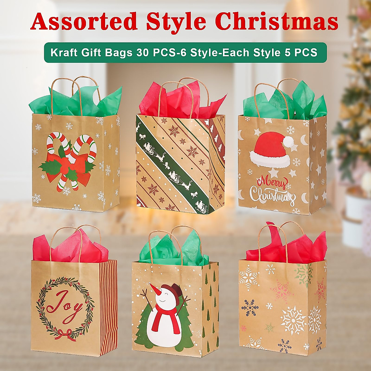 30 Christmas Kraft Gift Bags for Holiday Paper Gift Bags