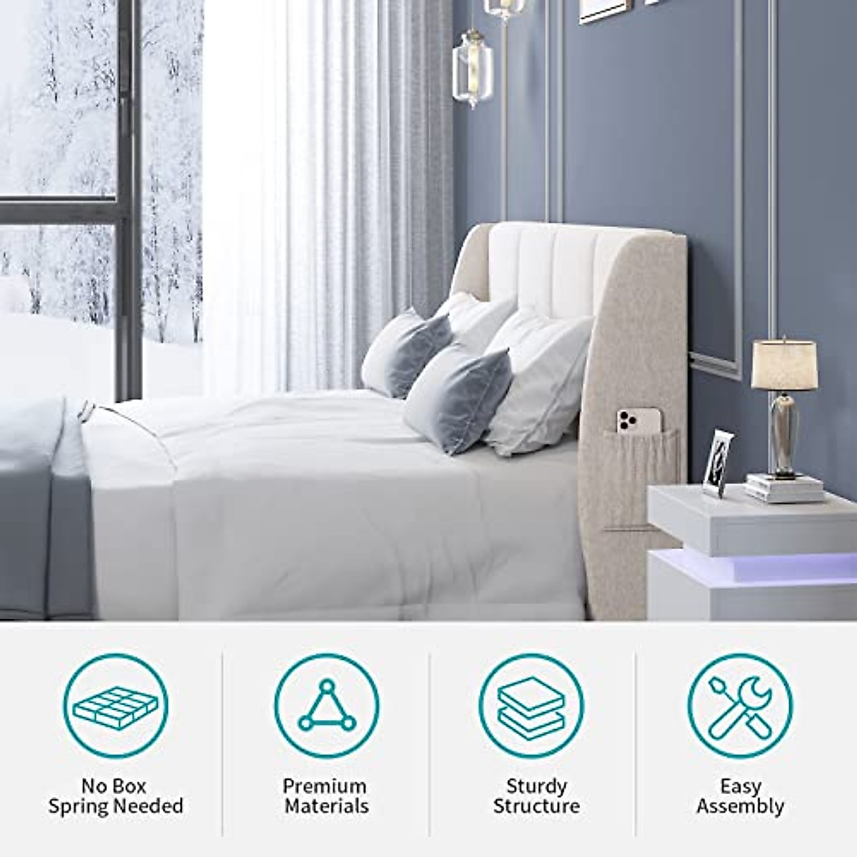 BALUS Wingback King Size Bed Frame, Upholstered Platform Bed Frame with 2 Pockets,Bed Frame with Wooden Slats Support, No Box Spring Needed/Easy Assembly/No Mattress (King, Beige)