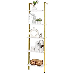 ELYKEN Ladder Shelf, Gold and White 5-Tier Wood Wall Mounted Bookshelf with Metal Frame, Modern Open Display Organizer Rack, Leaning Storage Shelves for Living Room, Bedroom, Home Office