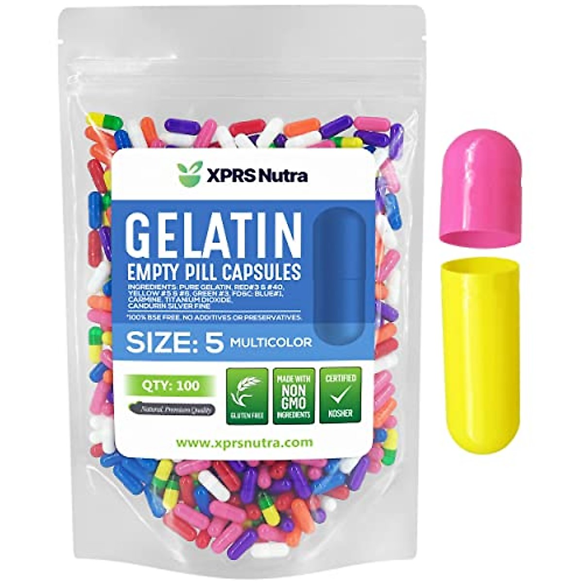 XPRS Nutra Size 5 Empty Capsules - 100 Count Very Small Empty Gelatin Capsules - Empty Pill Capsules - DIY Capsule Filling - Fillable Pill Capsules Empty Gel Caps (Multi Color)