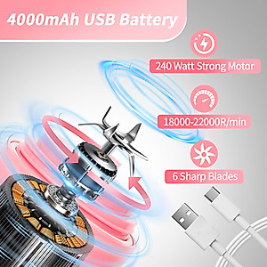 Portable Blender, Personal Blender for Shakes and Smoothies - USB Rechargeable 20oz Mini Blender with 6 Blades and ToGo Cup for Sports Travel Gym