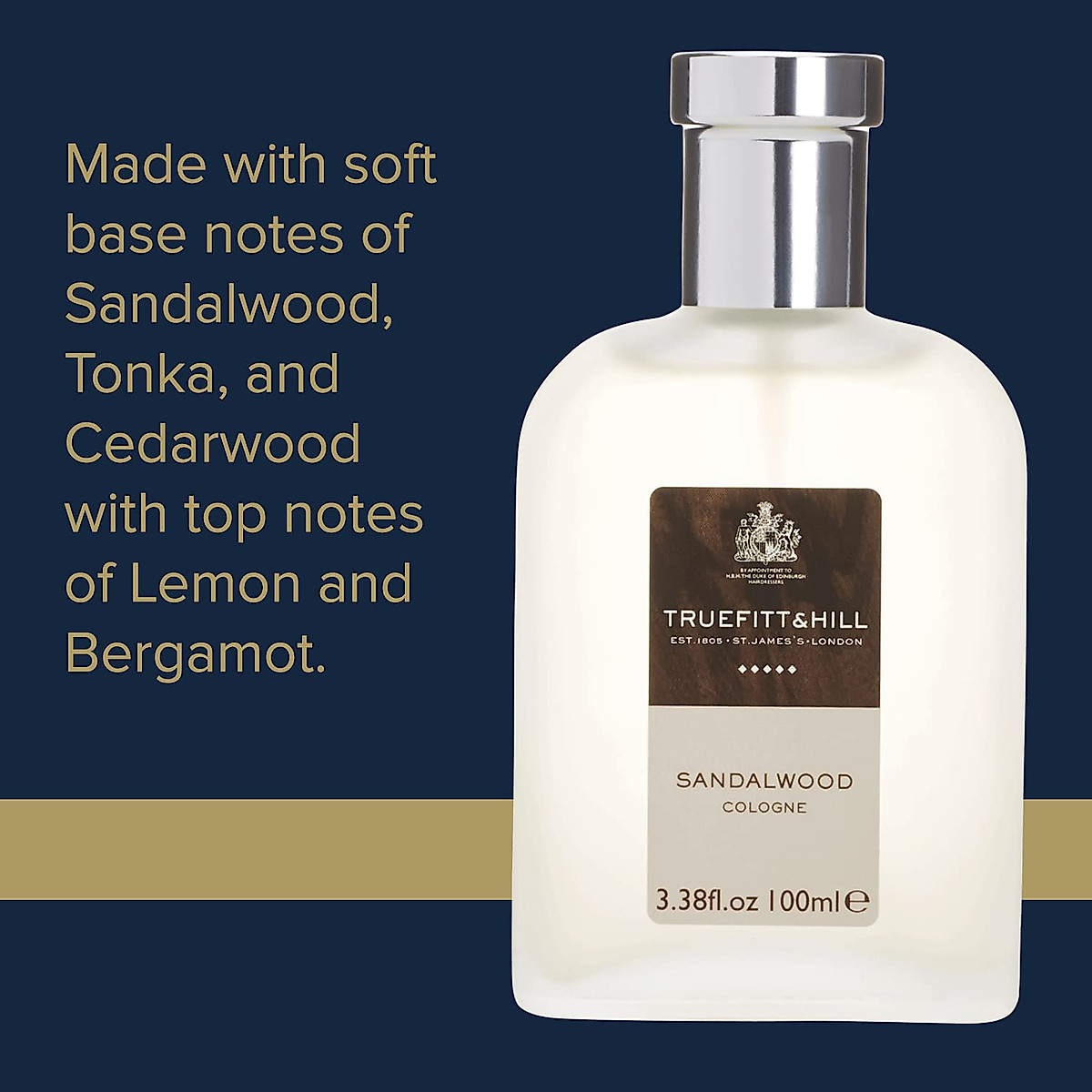 Truefitt & Hill Luxury Cologne - Sandalwood - Premium Long-Lasting Sandalwood and Cedarwood Men's Fragrance Presented in a Beautifully Etched Traditional Atomizer Bottle - 3.38 oz.