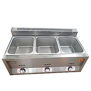 6L Commercial Gas Deep Fryer 3-Pan Countertop Stainless Steel Food Warmer Heater Restaurant Home Kitchen Adjustable Temp Steamer Cooking Heating Pot Tank, Silver