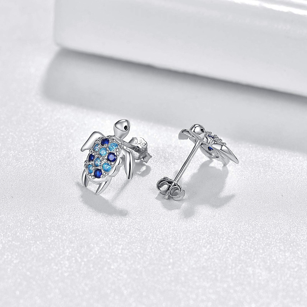925 Sterling Silver Turtle Studs Earrings with Graduated Blue Cubic Zirconia, Sea Tortoise Nautical Jewelry Mother Day for Women Mom Wife Girlfriend with Box