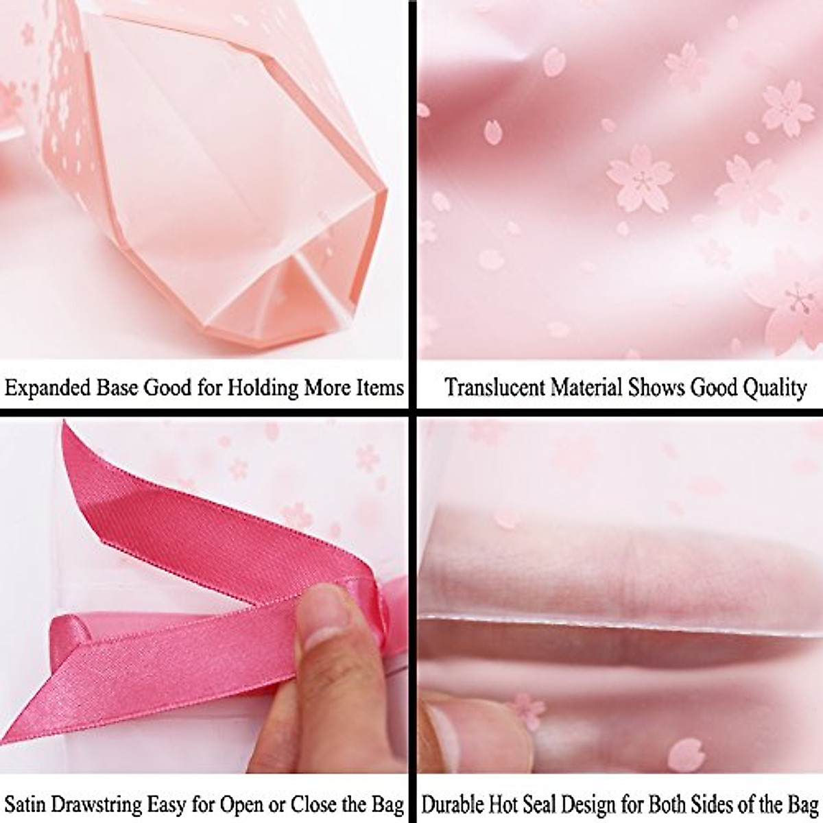SumDirect 50 Pcs 6x9 Inch Pink Plastic Drawstring Gift Bags, Cherry Blossom Party Favor Treat Bags with Satin Drawstring