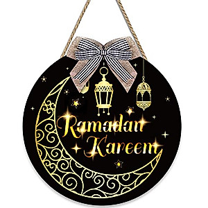 Eid Mubarak Wooden Door Decor Happy Ramadan Kareem Door Sign Lighted Happy Ramadan Kareem Door Plaque Wall Hanging Sign for Eid Al Fitr Ramadan Door Wall Window Porch Decorations