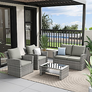 Amopatio 4 Pieces Outdoor Patio Furniture Set,Wicker Sectional Sofa Outdoor Patio Set Outdoor Rattan Patio Furniture, Patio Conversation Sets with Cushion, Grey