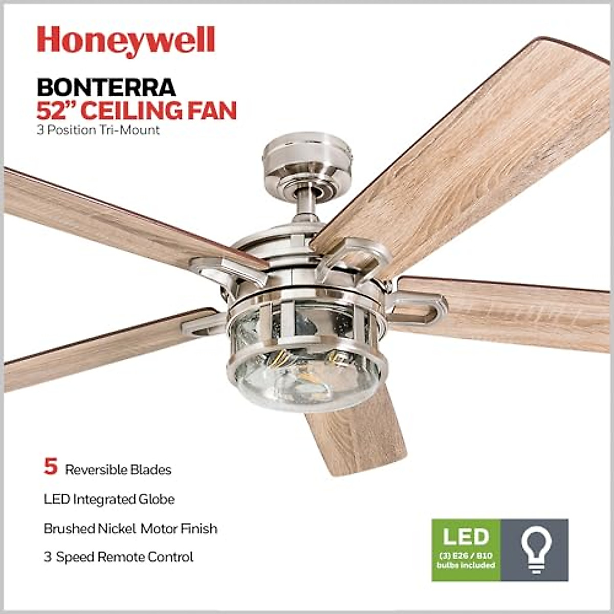 Honeywell Ceiling Fans Bonterra, 52 Inch Contemporary Indoor LED Ceiling Fan with Light and Remote Control, Dual Finish Blades, Reversible Motor - Model 50610-01 (Brushed Nickel)